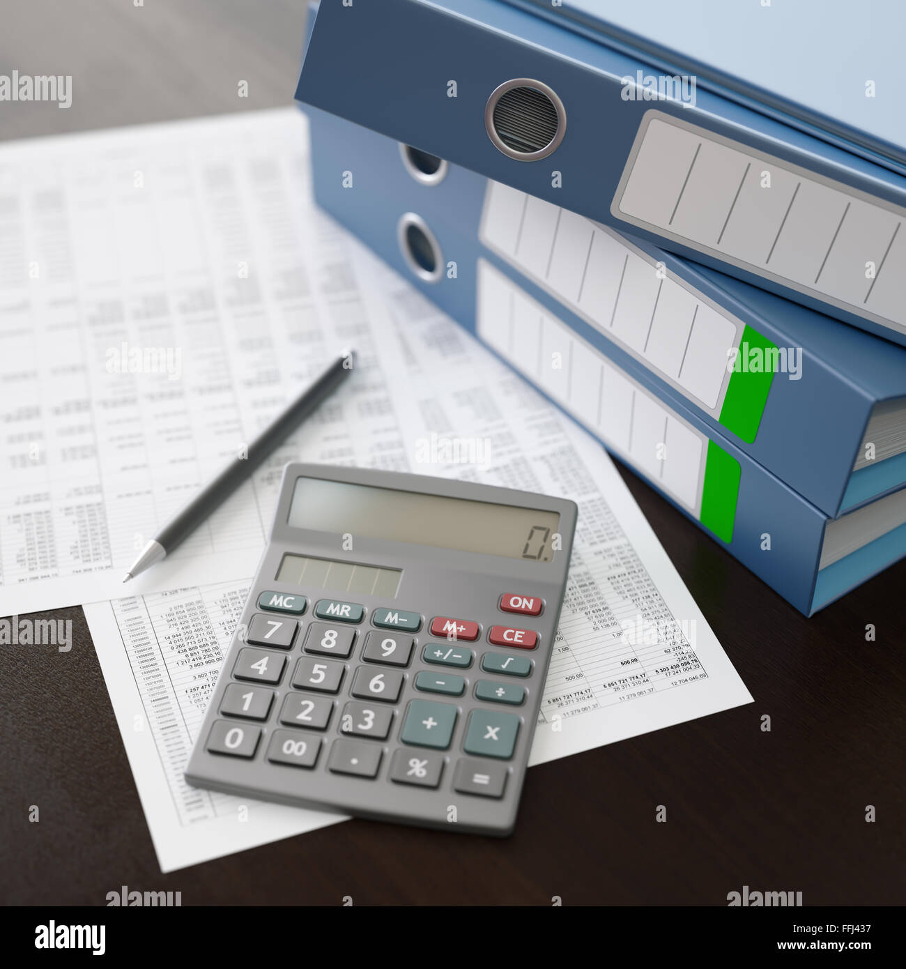 Stack of ring binders, financial documents, calculator and pen at ...