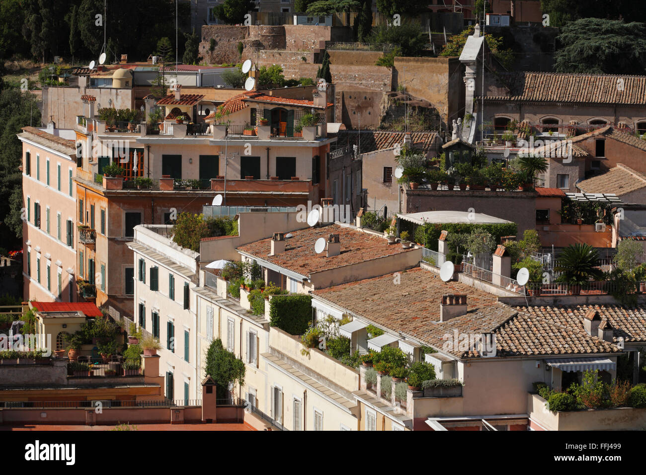roof terraces near the Forum Romanum seen from Palatine Hill in Rome ...