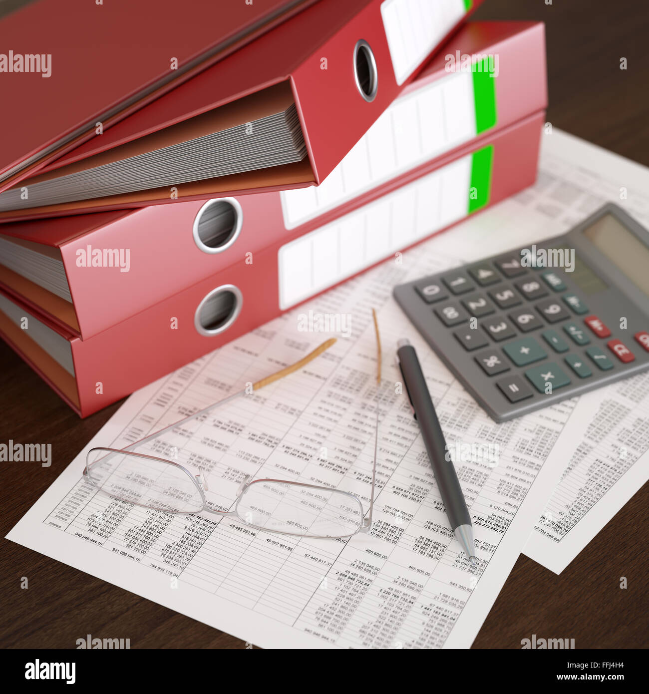 Stack of ring binders, documents, calculator, pen and glasses at ...