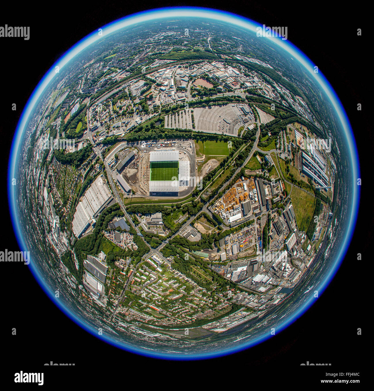 Aerial view, after the opening of the stadium Essen, fish eye lens ...
