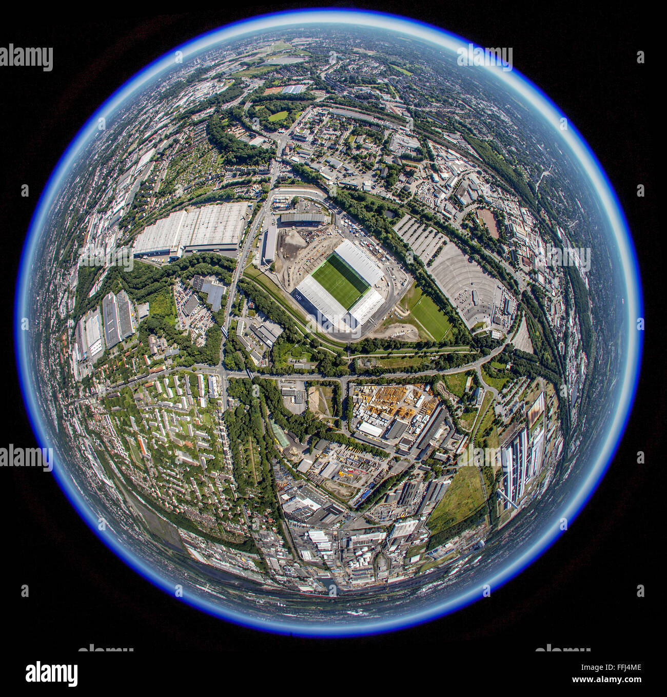 Aerial view, after the opening of the stadium Essen, fish eye lens ...
