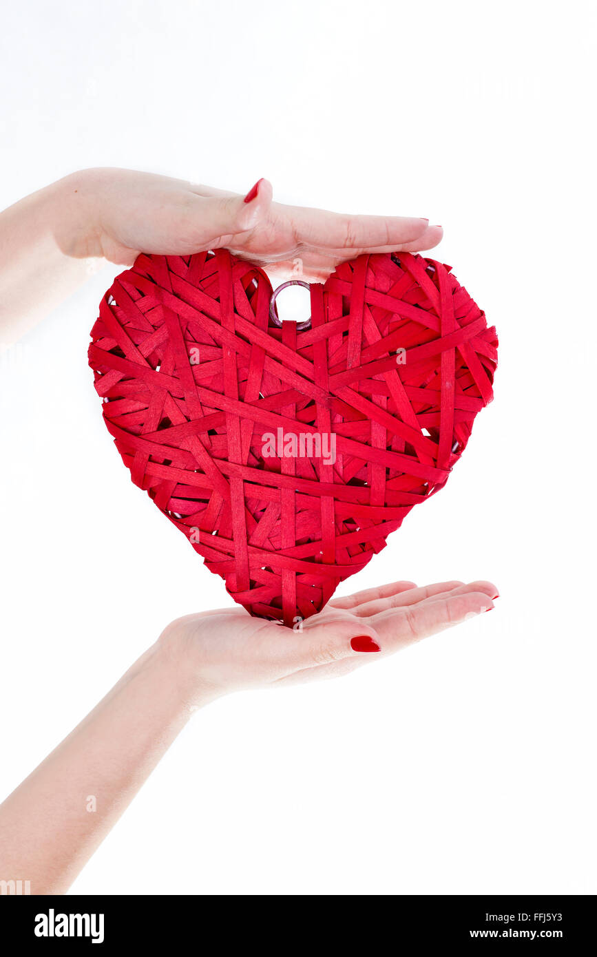 Woman Hands Hold Big Red Wicker Heart. Sign Of Love On White Background ...