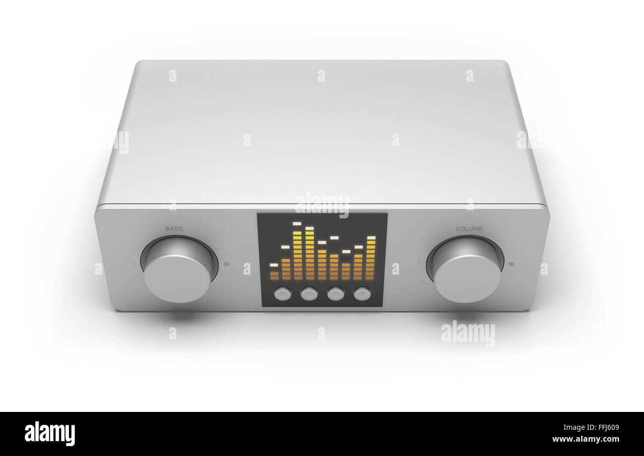 Audio receiver or amplifier isolated on white with on-screen ...