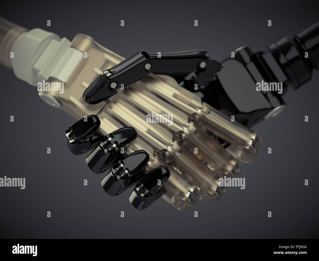 Handshake of black and white robot hands with shallow DoF and ...