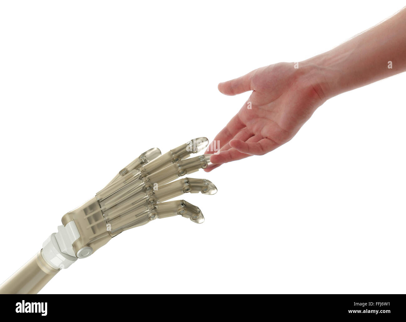 Hands of robot and human isolated on white Stock Photo - Alamy