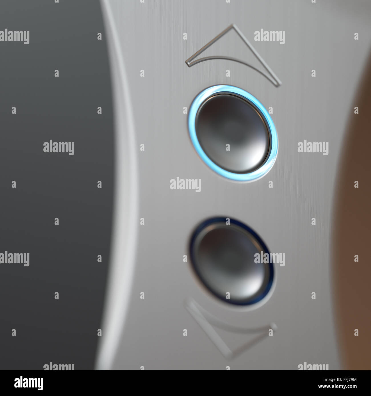 Close-up of elevator control panel with glowing "up" button, shallow ...