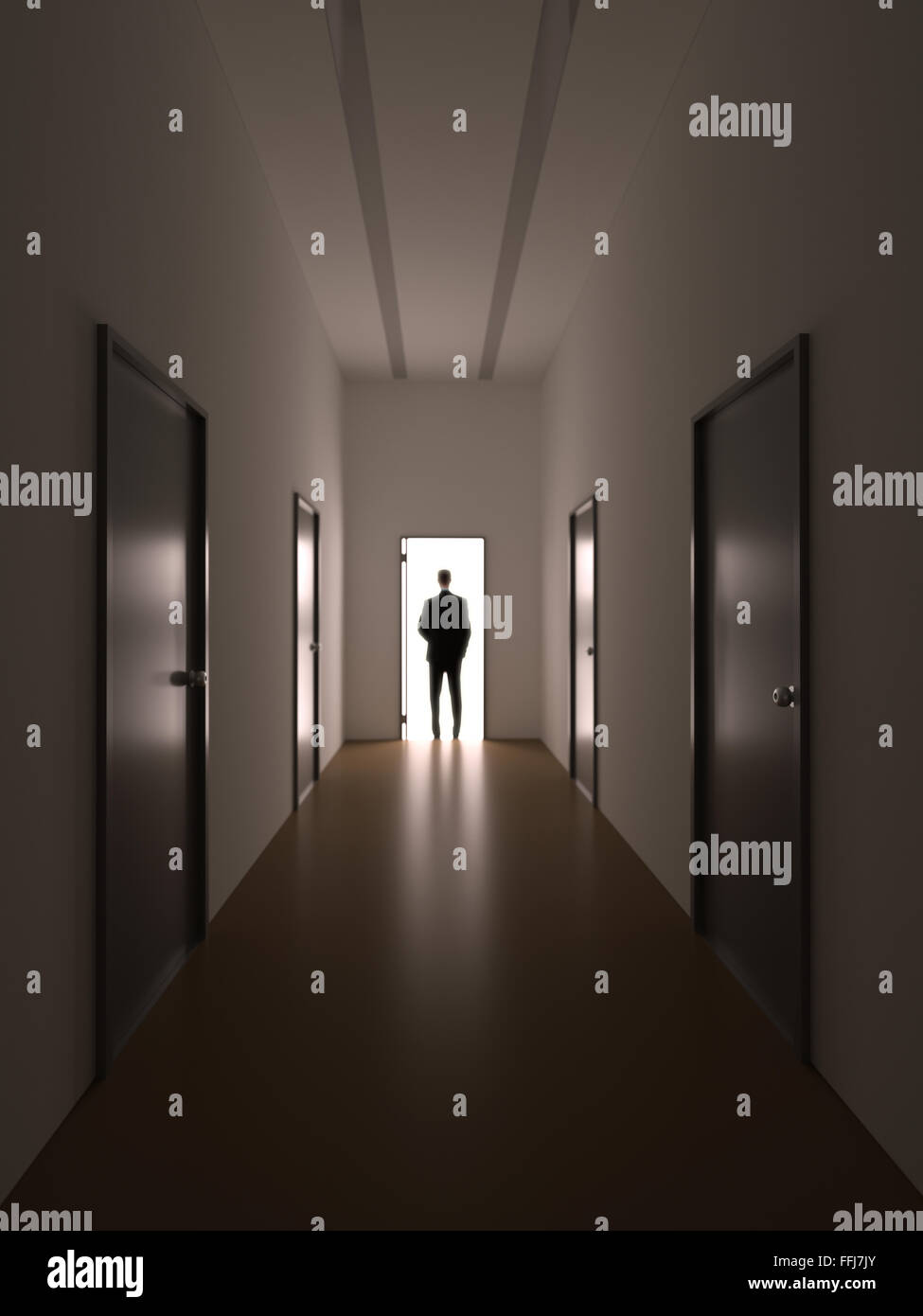 Man stands in the doorway at the end of office corridor. Shallow DoF ...