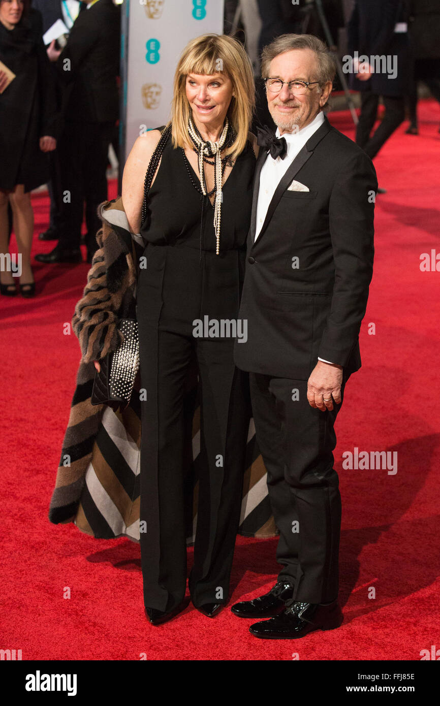 London, UK. 14 February 2016. Kate Capshaw and Steven Spielberg. Red ...