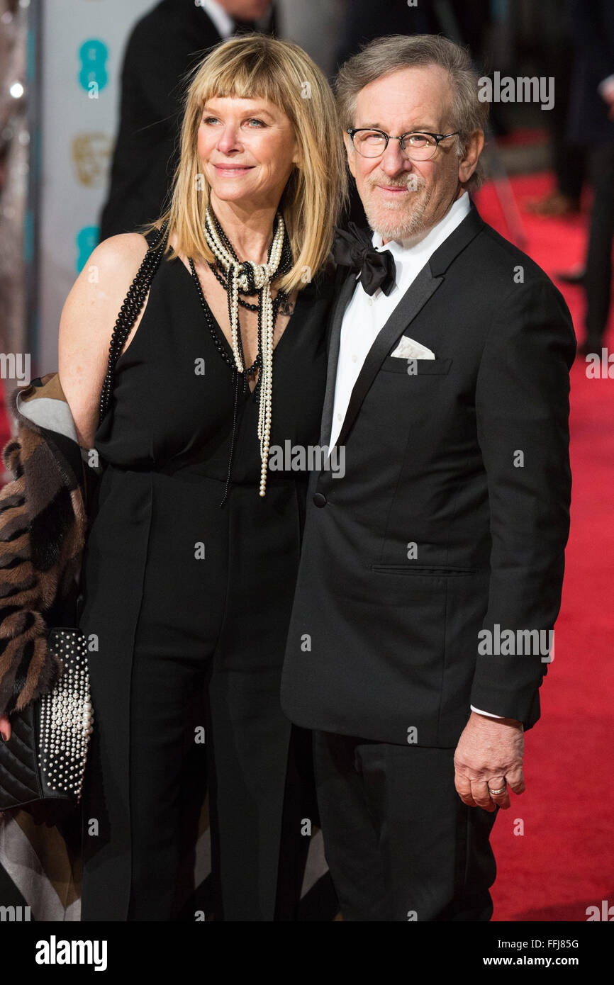 London, UK. 14 February 2016. Kate Capshaw and Steven Spielberg. Red ...