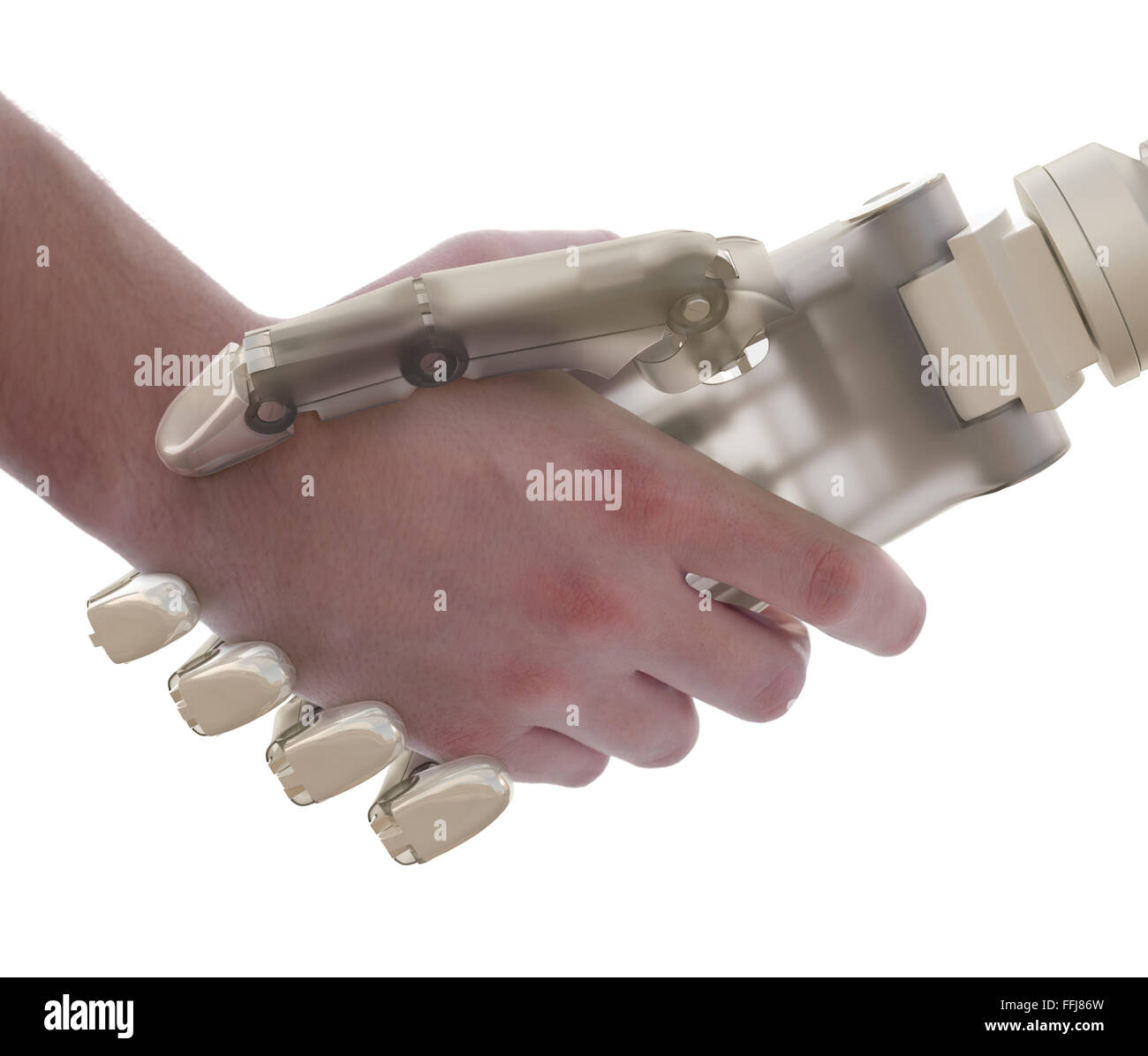 Human and robot shaking hands on white background Stock Photo - Alamy