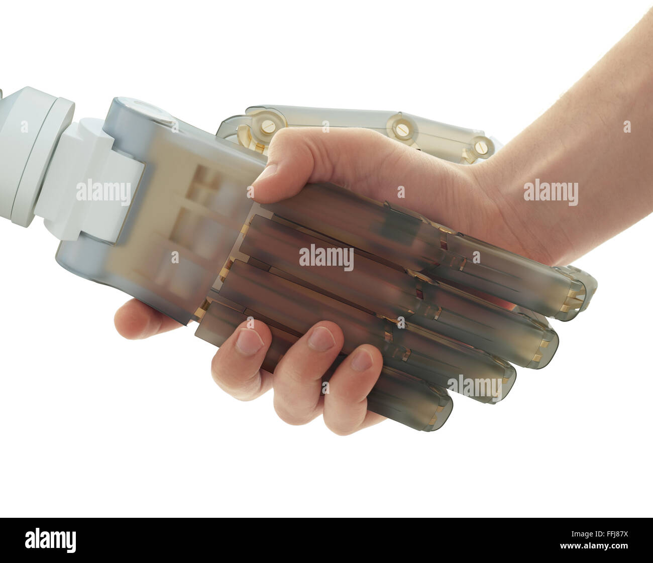 Human and robot shaking hands on white background Stock Photo - Alamy