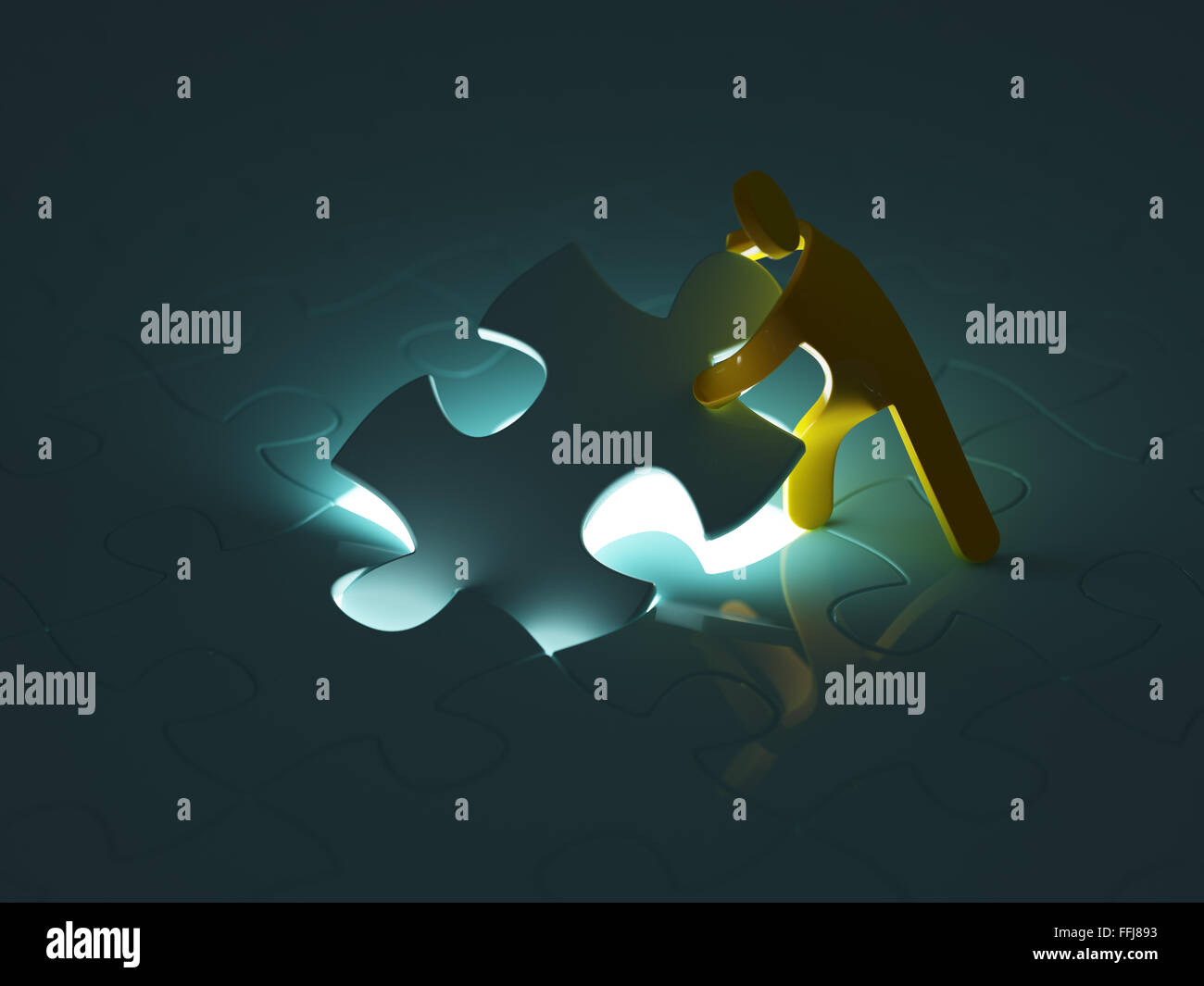 Yellow man and abstract puzzle with depth of field effect Stock Photo ...