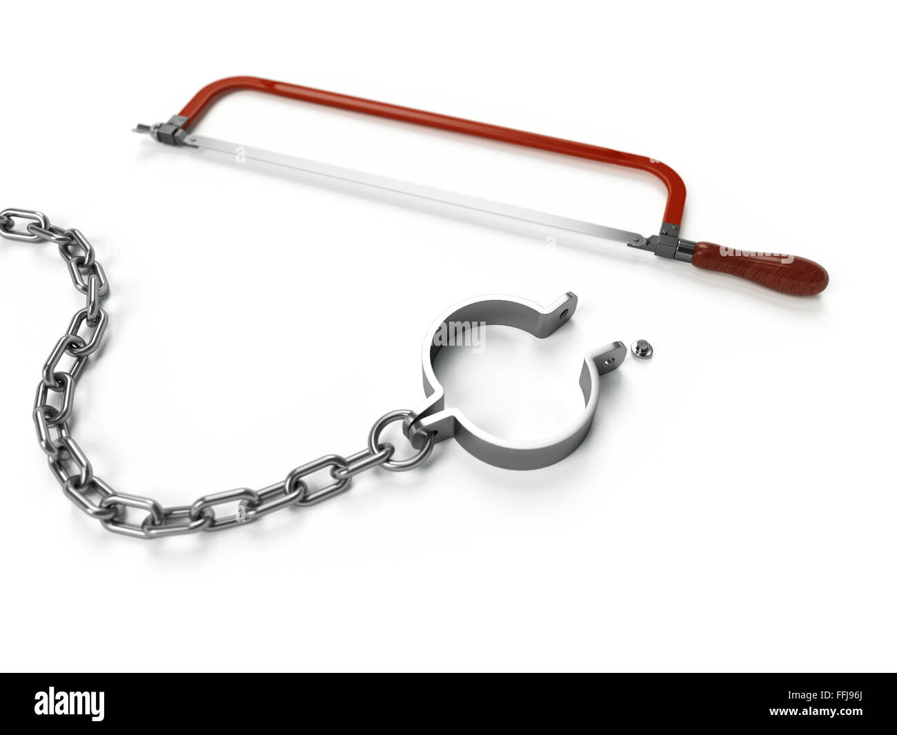 Breaking chains by hacksaw isolated on white Stock Photo - Alamy