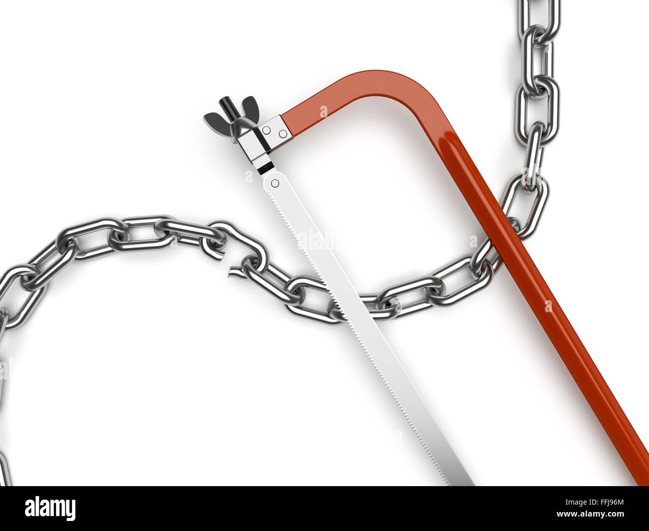 Breaking chains by hacksaw isolated on white Stock Photo - Alamy