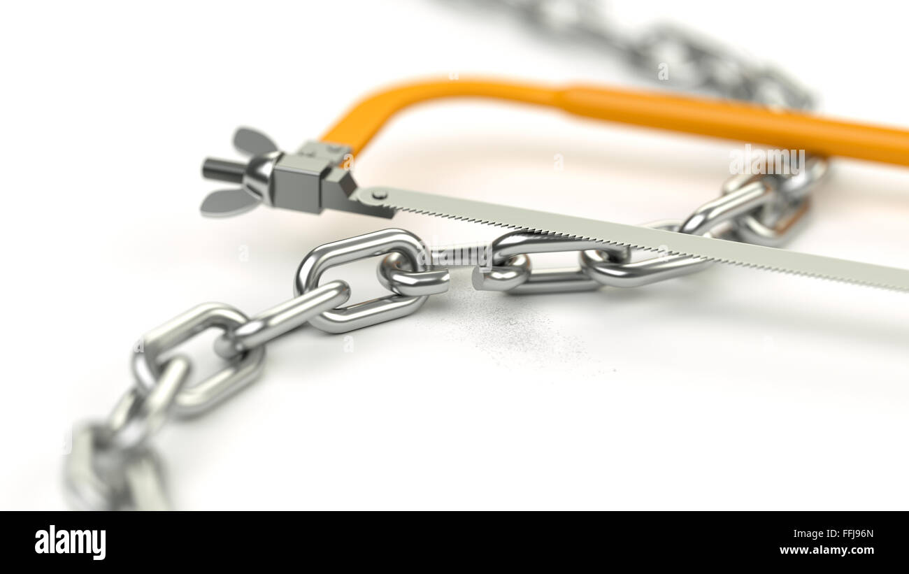 Breaking chains by hacksaw isolated on white Stock Photo - Alamy