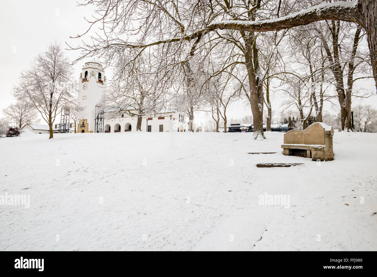 Snow covered city part and depot building Stock Photo - Alamy