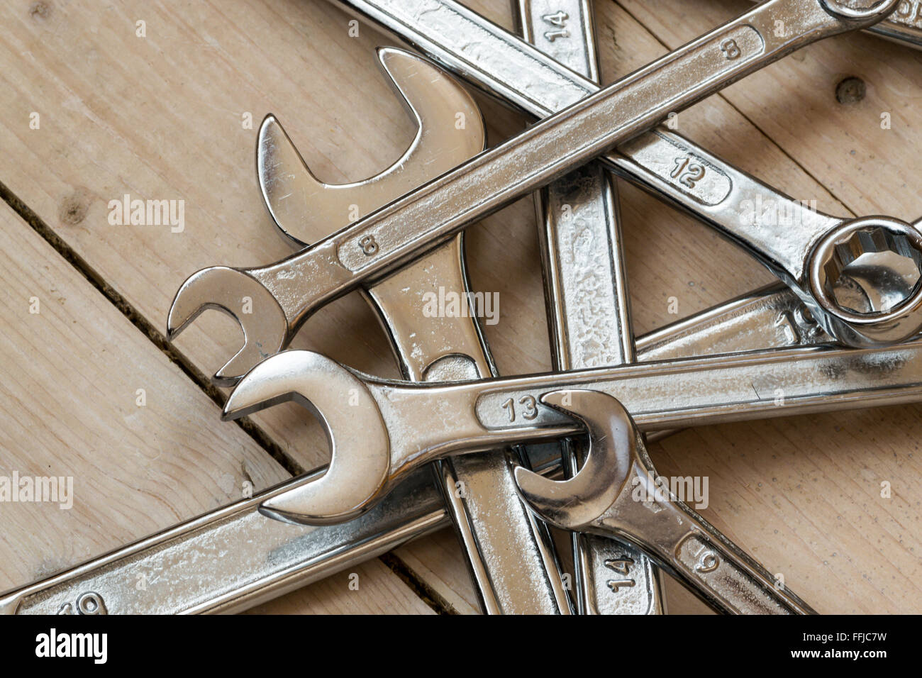 DIY Set of chrome metal home spanners. The wrenches are of various ...