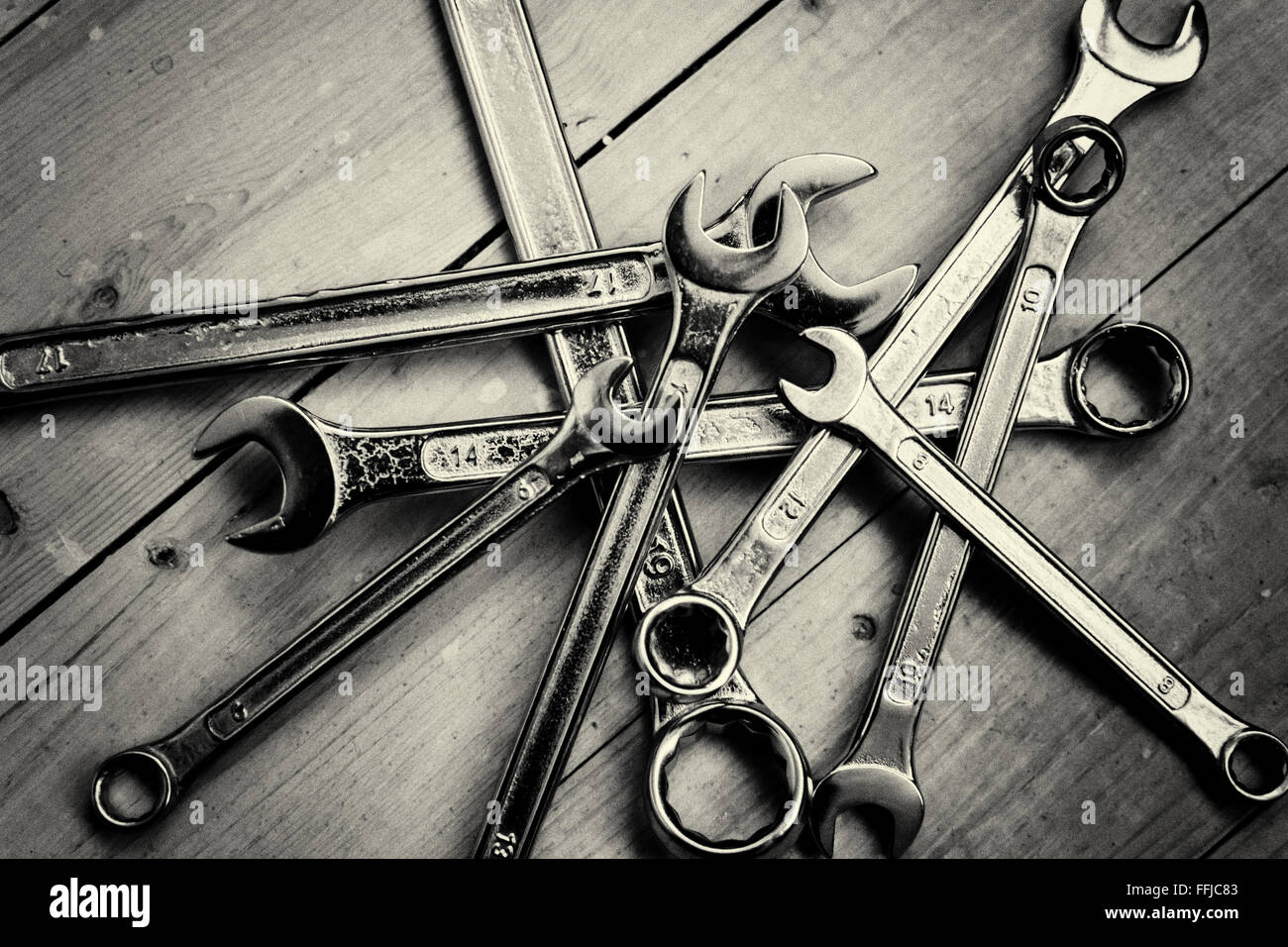 DIY Set of chrome metal home spanners. The wrenches are of various ...