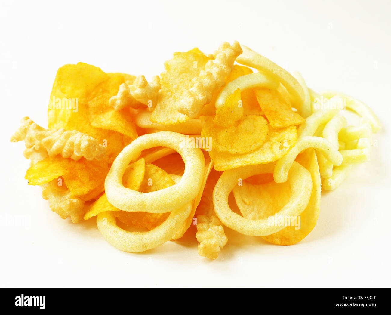 Assorted different kinds of chips - onion rings, sticks and flat Stock ...