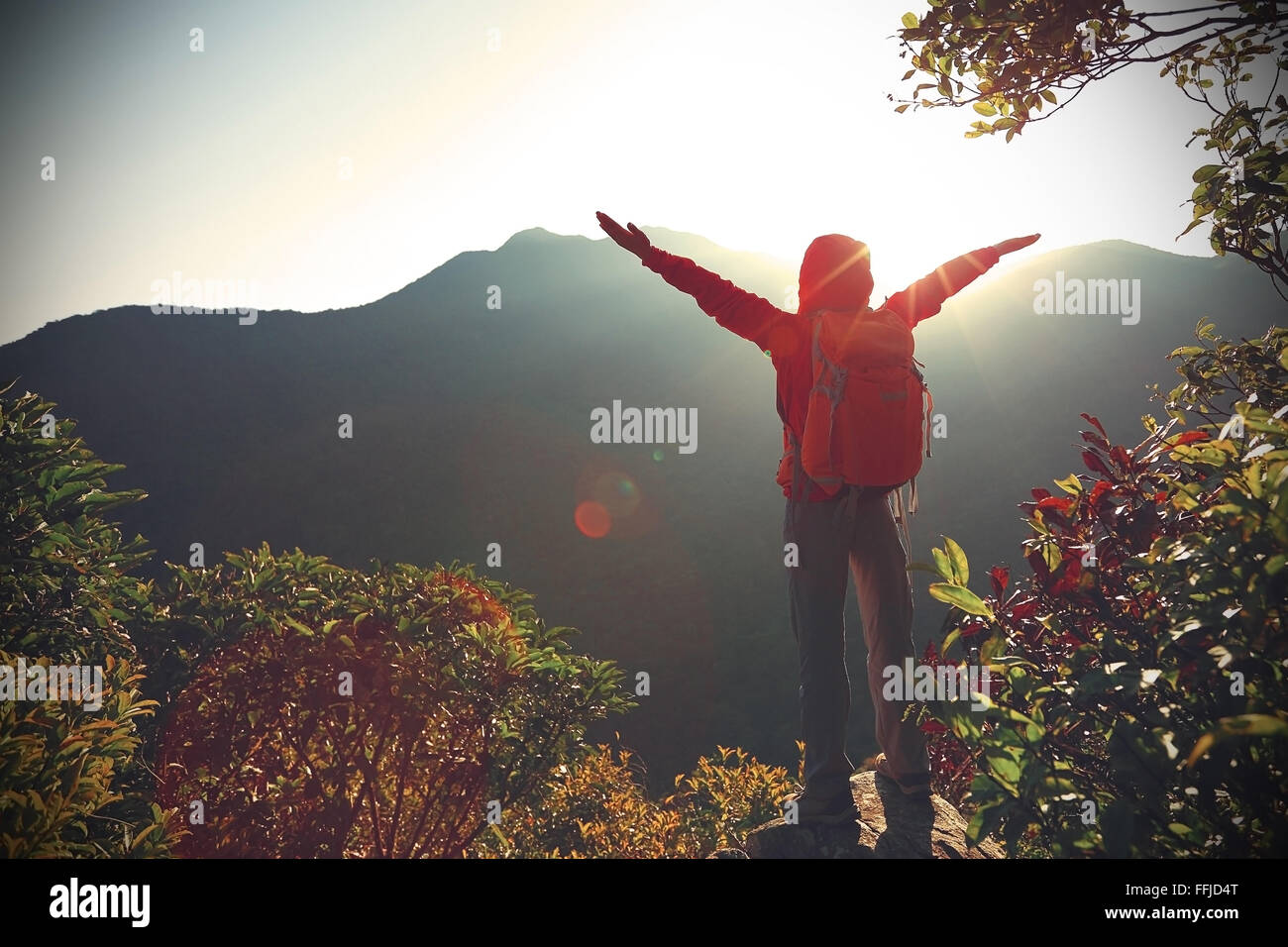 successful woman hiker open arms on sunrise mountain peak Stock Photo ...