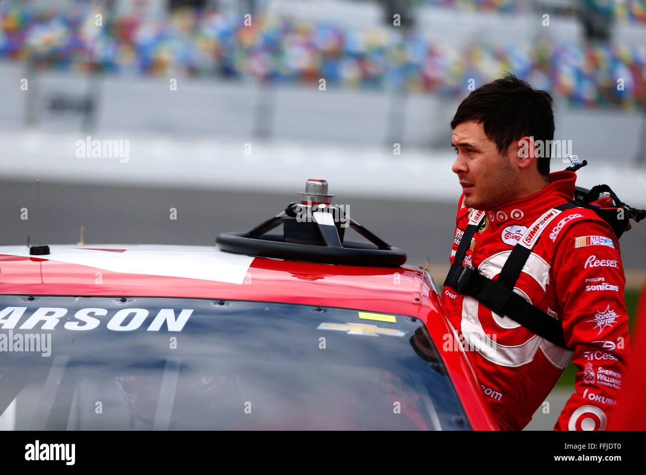 Daytona Beach, FL, USA. 14th Feb, 2016. Kyle Larson (42) hangs out on ...
