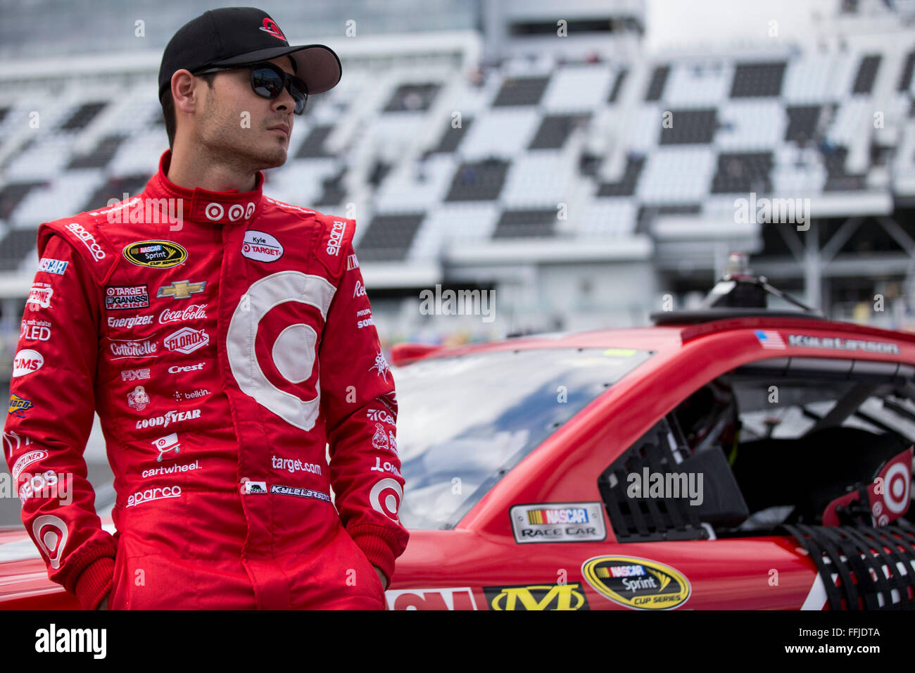 Daytona Beach, FL, USA. 14th Feb, 2016. Kyle Larson (42) hangs out on ...