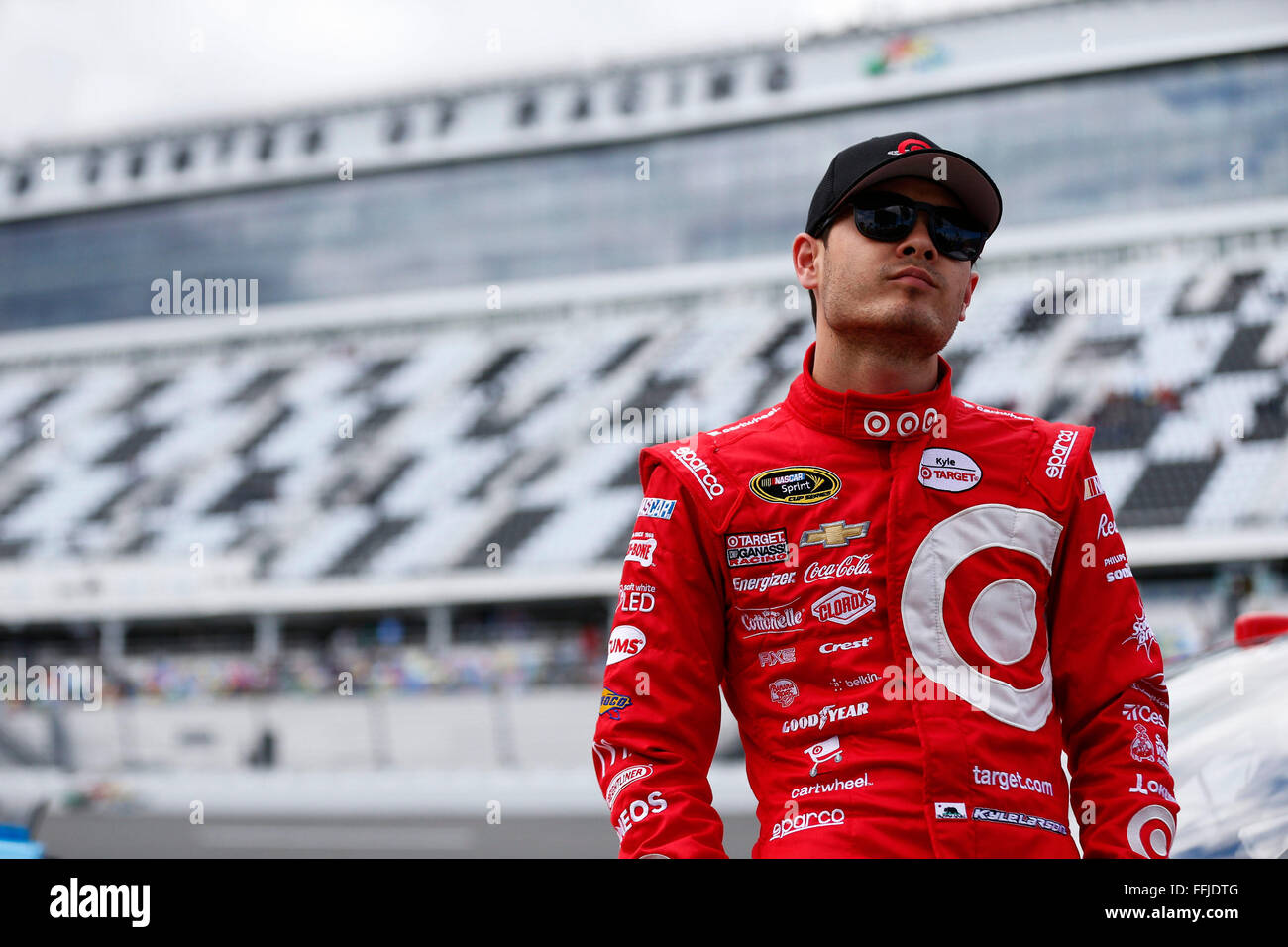 Daytona Beach, FL, USA. 14th Feb, 2016. Kyle Larson (42) hangs out on ...