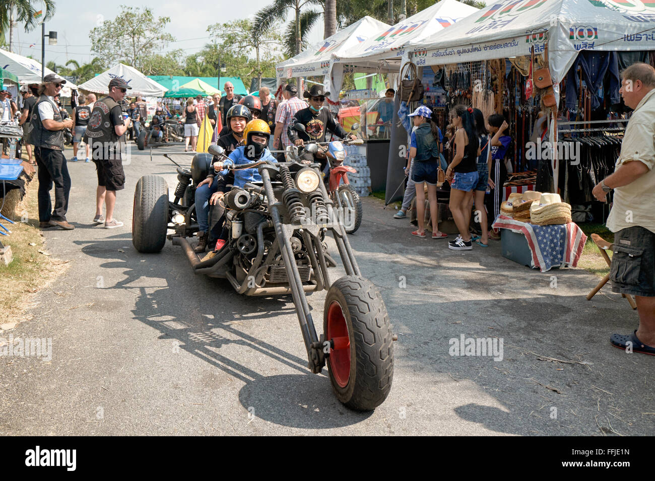 Stretched custom chopper motorcycle at the 2016 Burapa biker festival ...