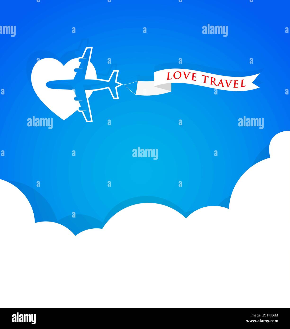 Airplane with announcement banner and blue sky, love travel background ...