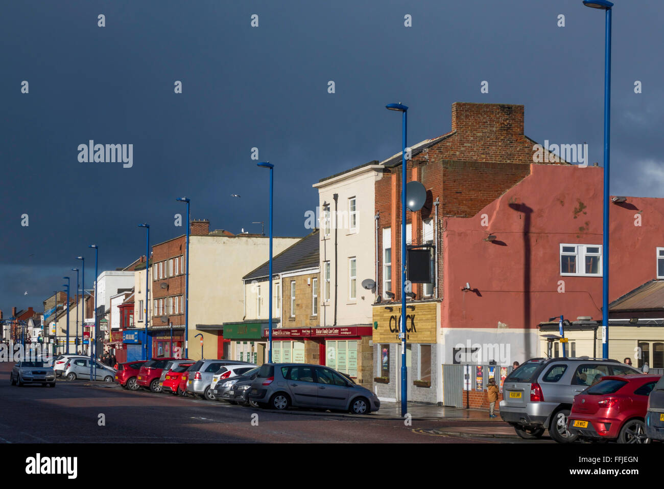 Sun lit Redcar High Street North Yorkshire Cleveland UK with a winter ...