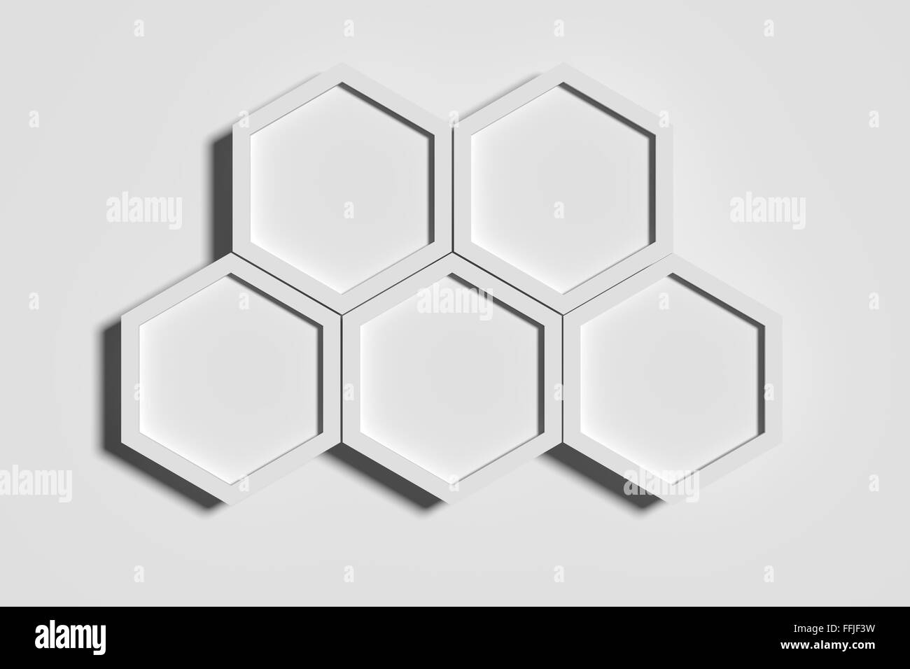 3d rendering of five white three-dimensional hexagons casting shadow on ...
