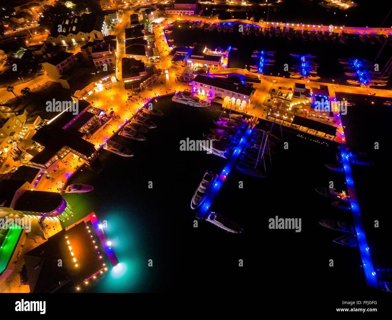 Aerial night view of the beautiful Marina in Limassol city in Cyprus. A ...