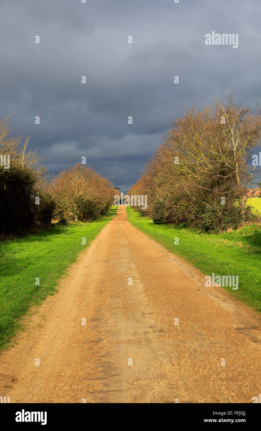 Long straight unsurfaced country road in winter sunshine, Sutton ...