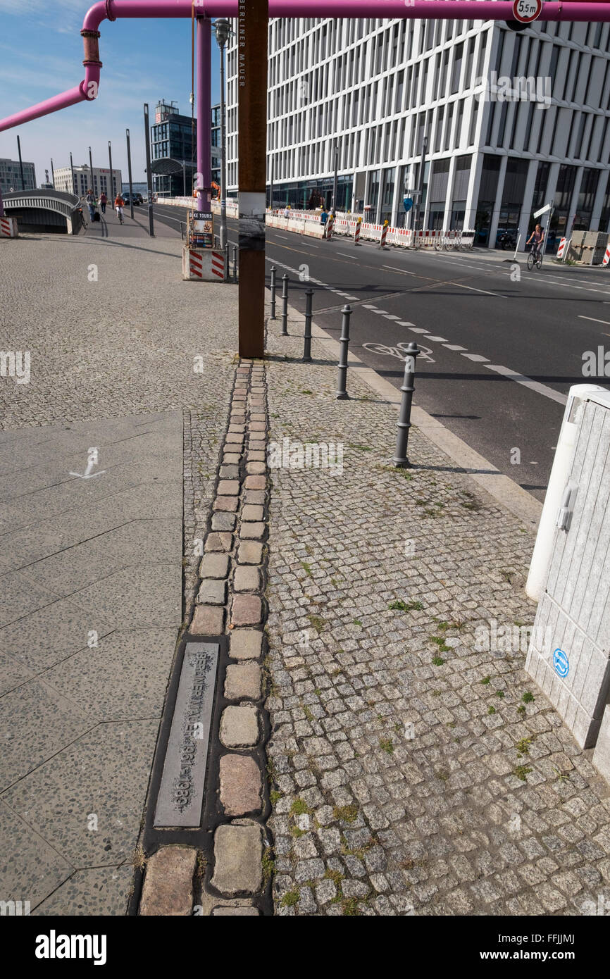 The double line of red blocks, set into the footpath, indicates the ...