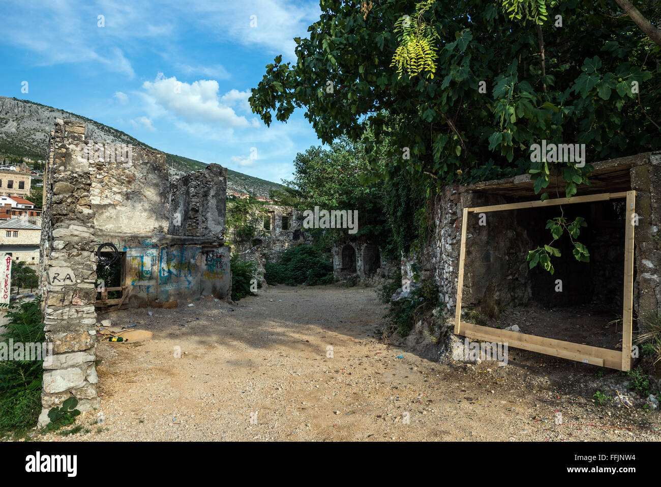 Ruins of buildings, detroyed during Bosnian War, Old Town of Mostar ...