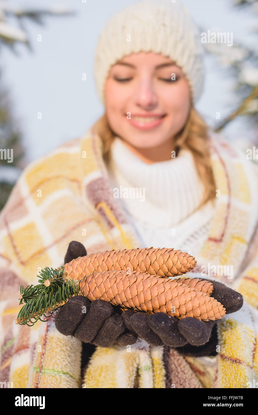 Girl with masks in hands winter the forest Stock Photo - Alamy