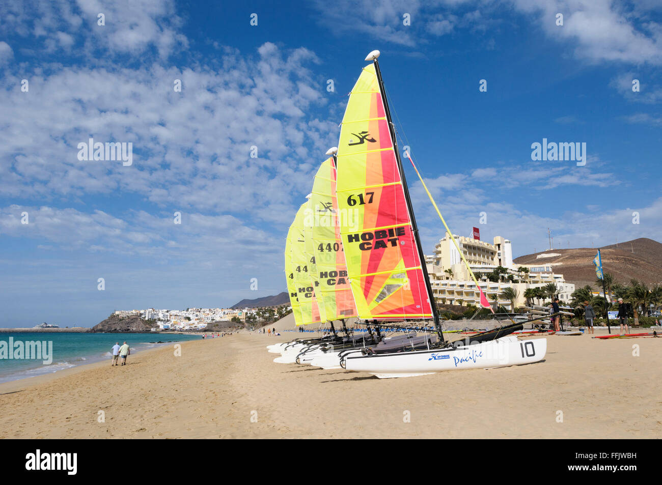 Hobie cats beached on the sand at Morro Jable, Fuerteventura, Canary ...