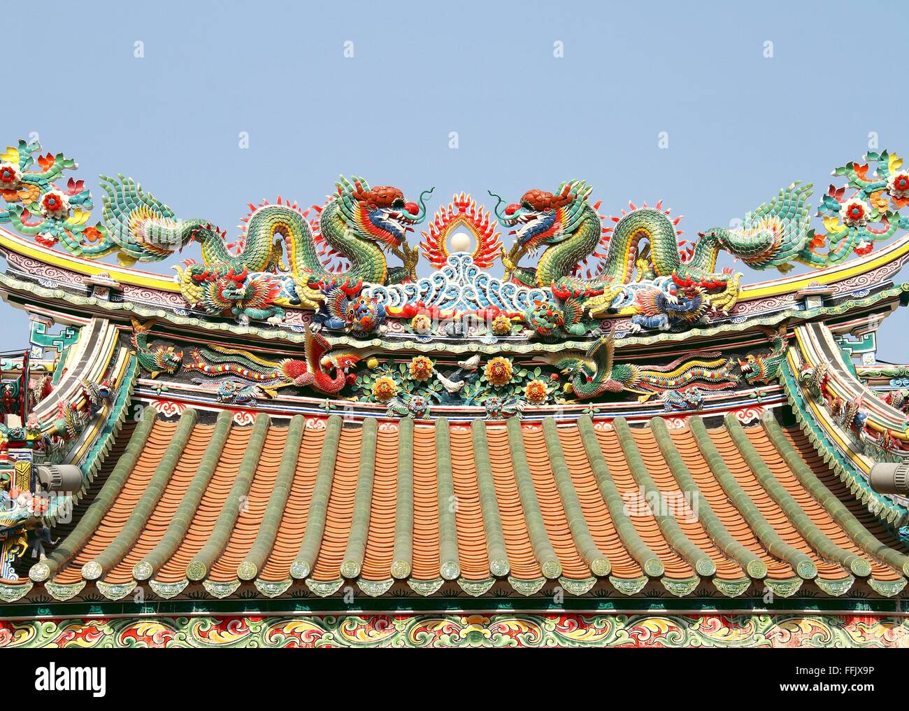 Double Chinese dragons on the temple roof Stock Photo - Alamy