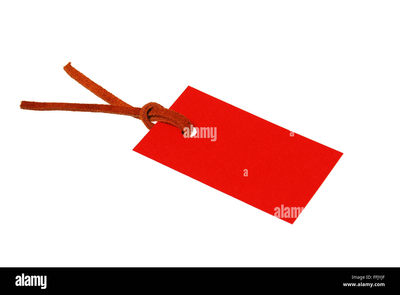 The red tag on brown leather rope on a white background Stock Photo - Alamy