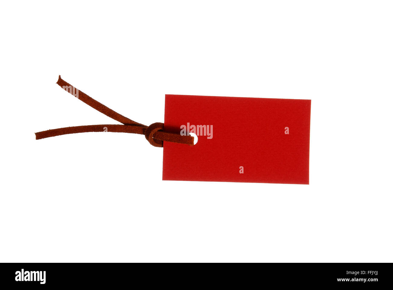 The red tag on brown leather rope on a white background Stock Photo - Alamy