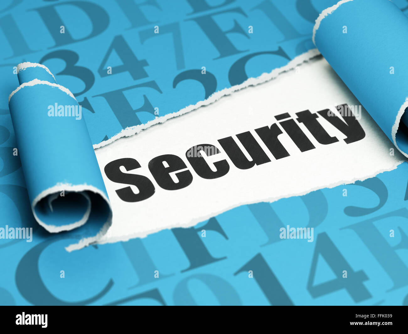 Security concept: black text Security under the piece of torn paper ...