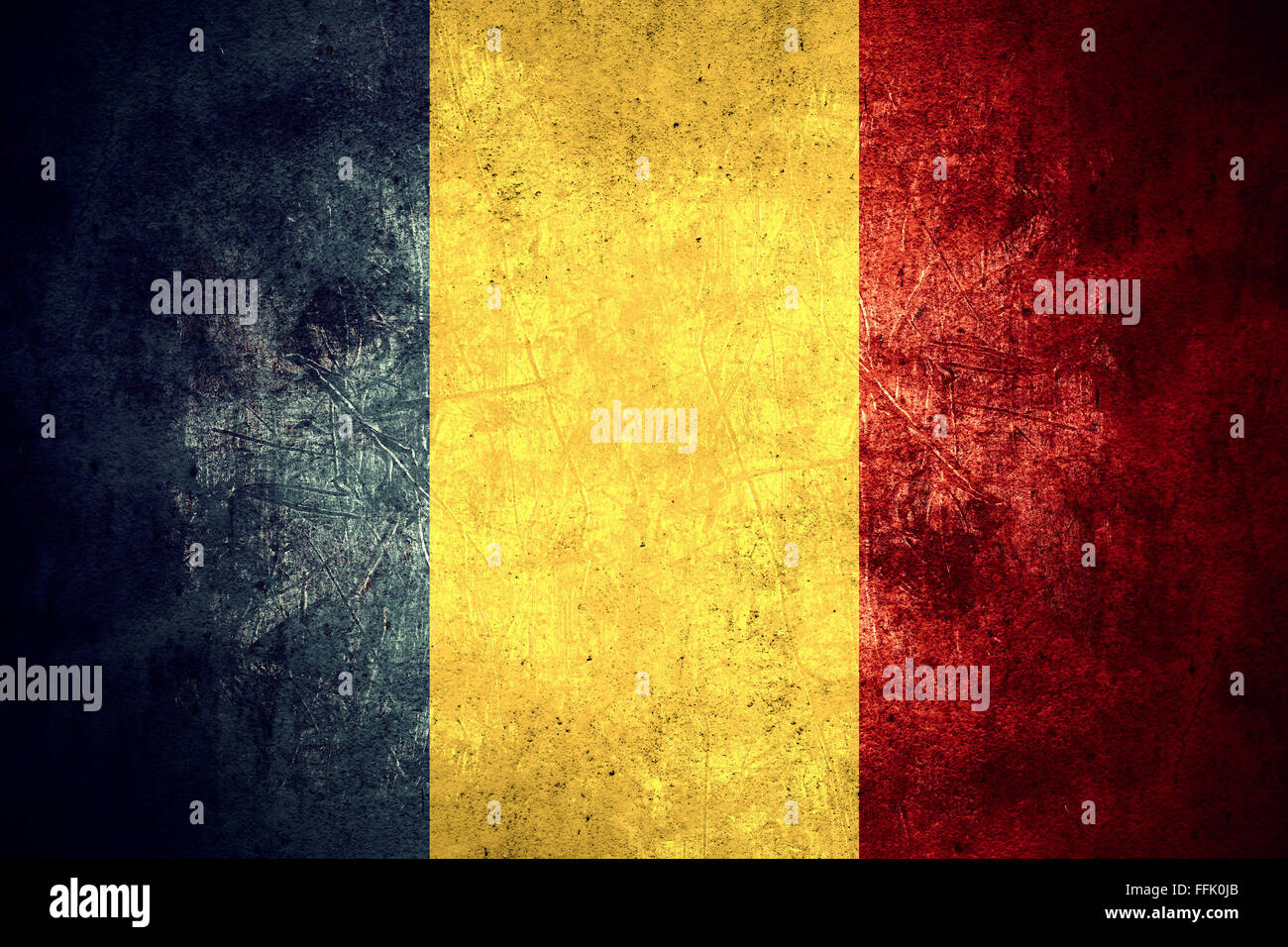 flag of Romania or Romanian banner on rough pattern texture vintage ...