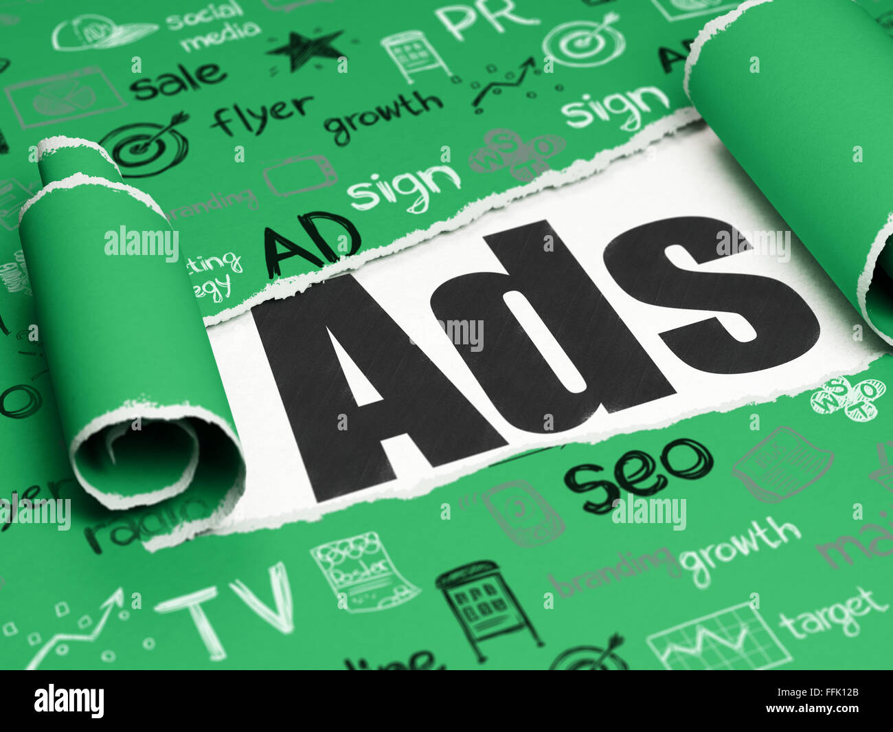 Advertising concept: black text Ads under the piece of torn paper Stock ...