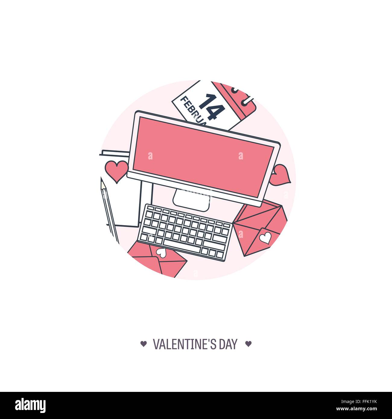 Vector illustration. Flat background with computer, laptop. Love ...