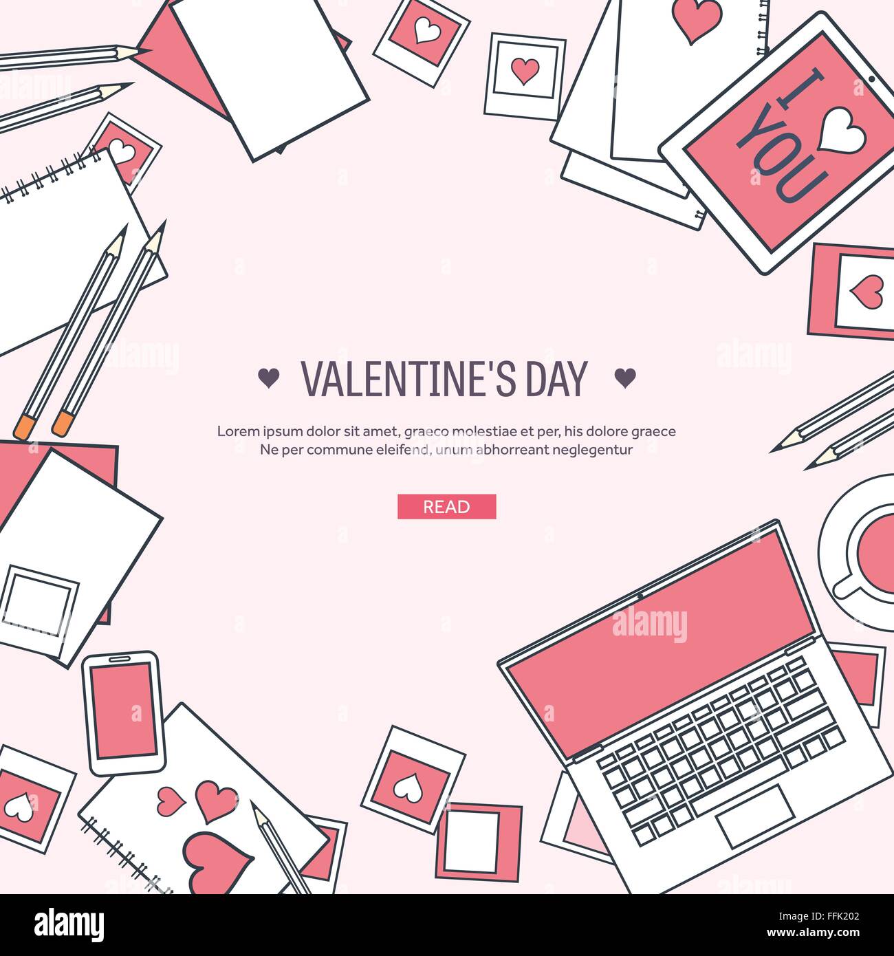 Vector illustration. Flat background with computer, laptop. Love ...