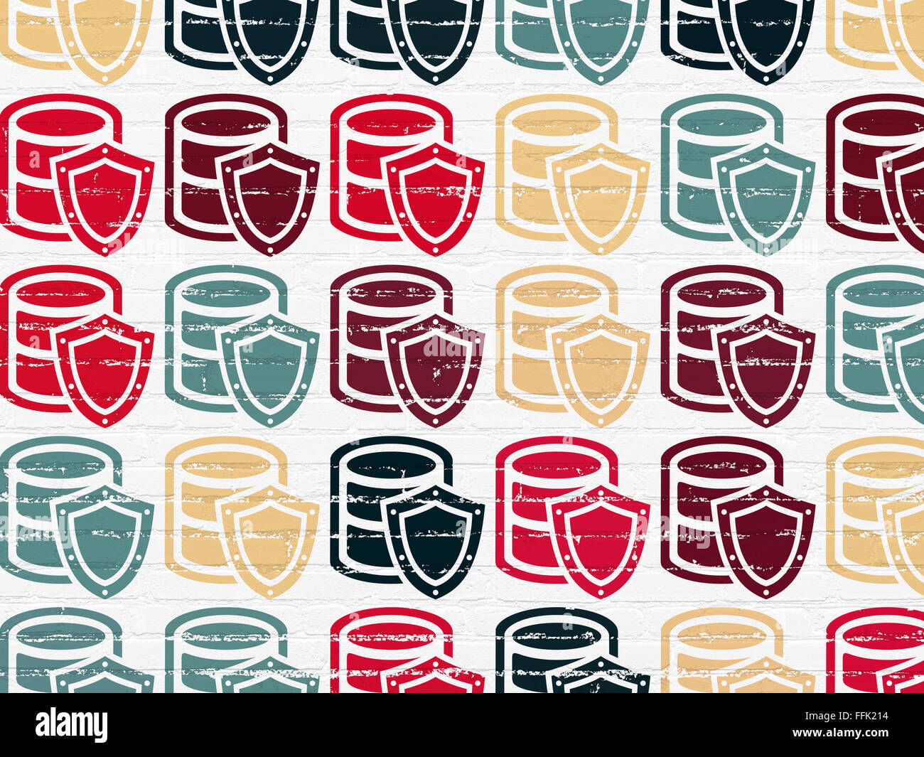 Software concept: Database With Shield icons on wall background Stock ...