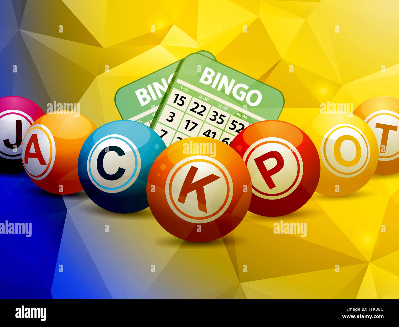 Bingo Balls and Cards Over Geometric Blue and Yellow Background Stock ...