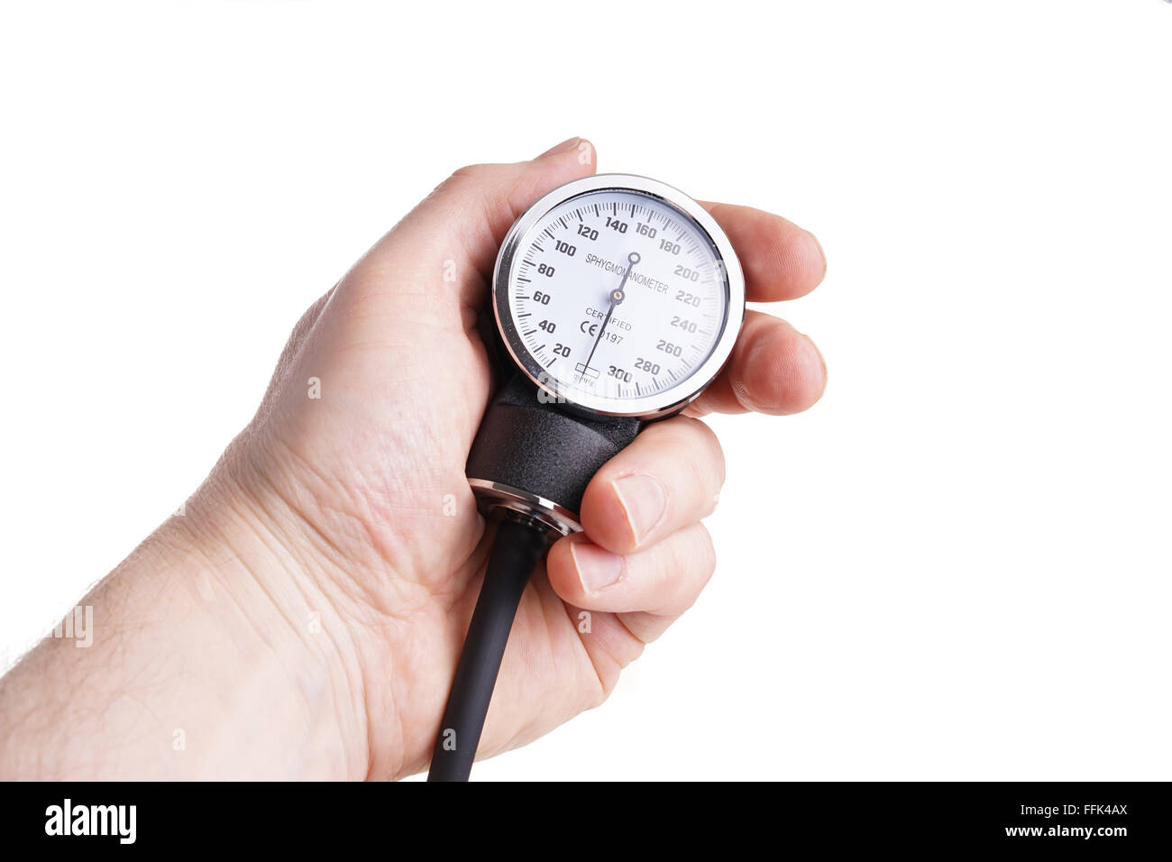 hand holding a blood pressure monitor, isolated on white Stock Photo ...