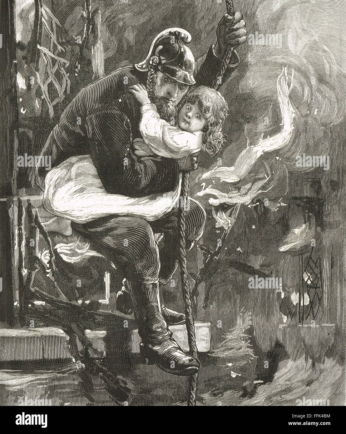 Victorian fireman rescuing a child Stock Photo - Alamy