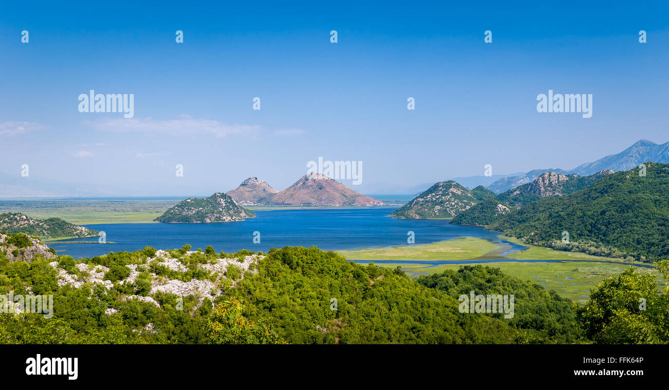 Wide panoramic landscape of Skadar lake national park, Montenegro Stock ...